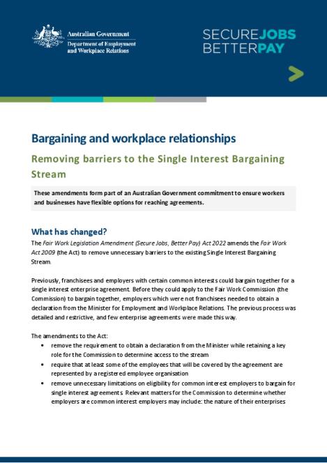 Removing barriers to the Single Interest Bargaining Stream - Department ... Removing barriers to the Single Interest Bargaining Stream - Department ...